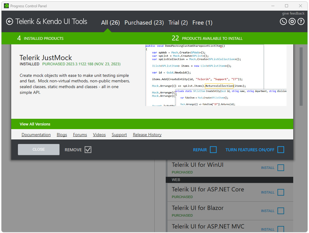 HUninstalling Telerik Products - Telerik Control Panel - Progress Telerik Control Panel
